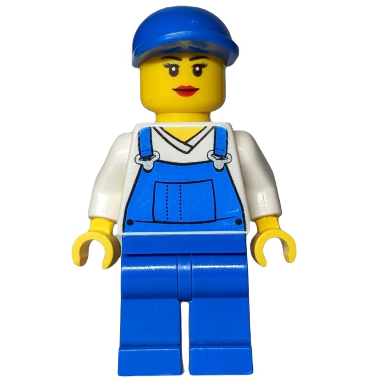 LEGO Set fig-009293 Woman, Blue Overalls over White V-Neck Shirt, Blue ...