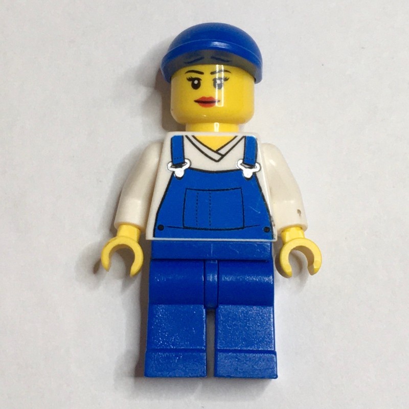 LEGO Set fig-009293 Woman, Blue Overalls over White V-Neck Shirt, Blue ...