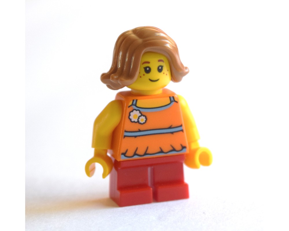 LEGO Set fig-009307 Girl, Orange Top, Short Red Legs, Medium Nougat ...