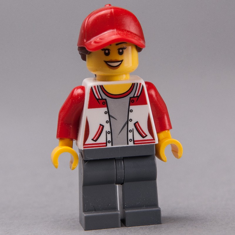 LEGO Set fig-009570 Woman, Red and White Letterman Jacket, Dark Bluish ...