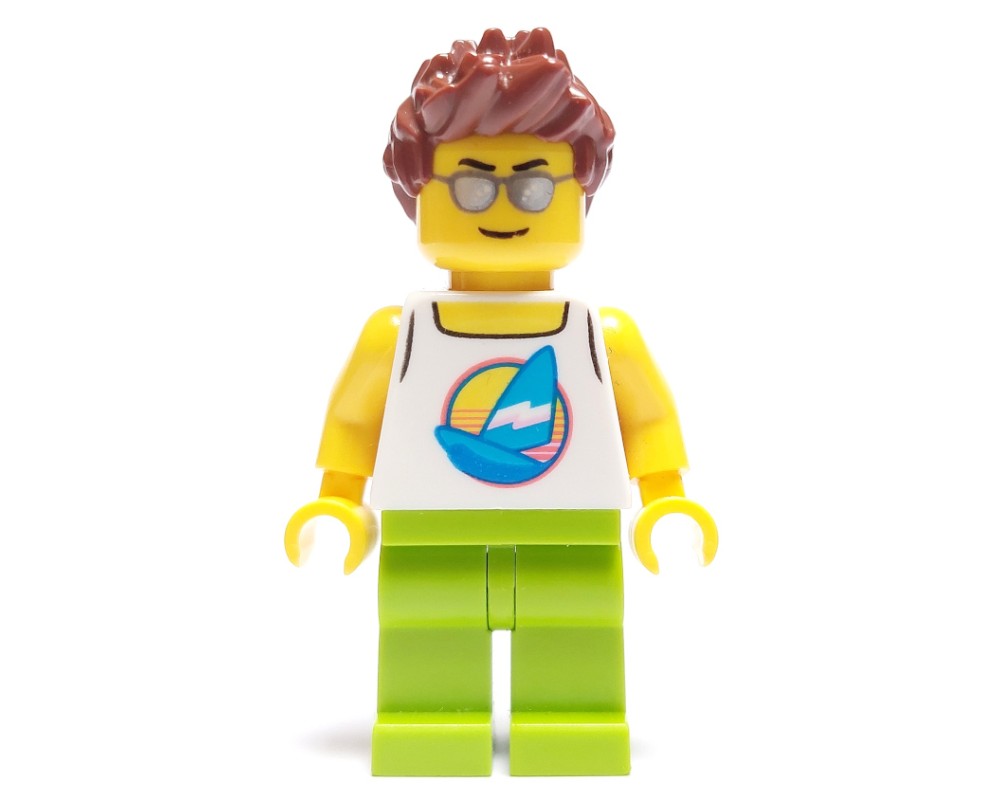 LEGO Set fig-009665 Man, White Tank Top with Windsurfer, Lime Legs ...