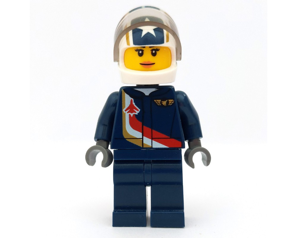 LEGO Set fig-009672 Pilot, Woman, Dark Blue Jumpsuit with Plane and ...