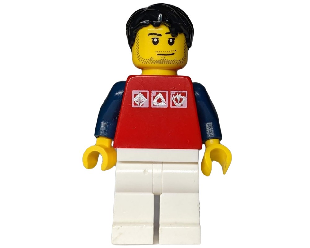 LEGO Set fig-009686 Man, Red Top with Dark Blue Arms, White Legs, Black ...