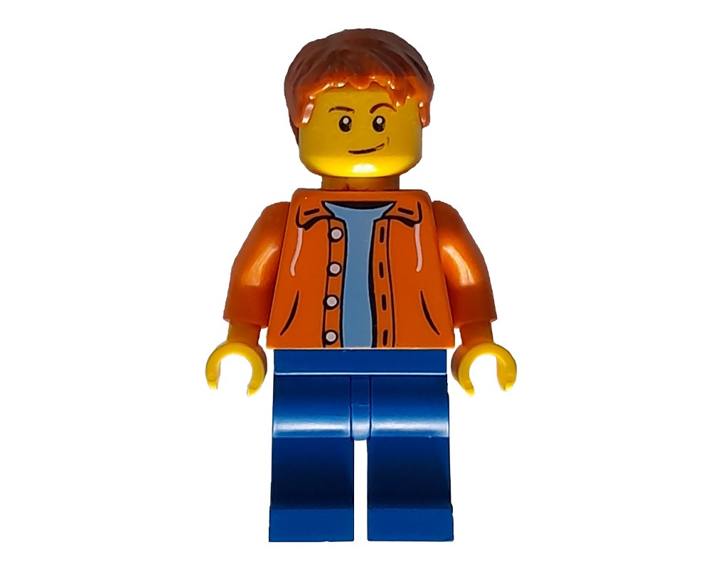 LEGO Set fig-009769 Man, Open Orange Shirt, Blue Legs, Dark Orange Hair ...