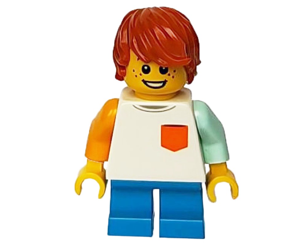 LEGO Set fig-009793 Boy, White Top, Short Dark Azure Legs, Dark Orange ...