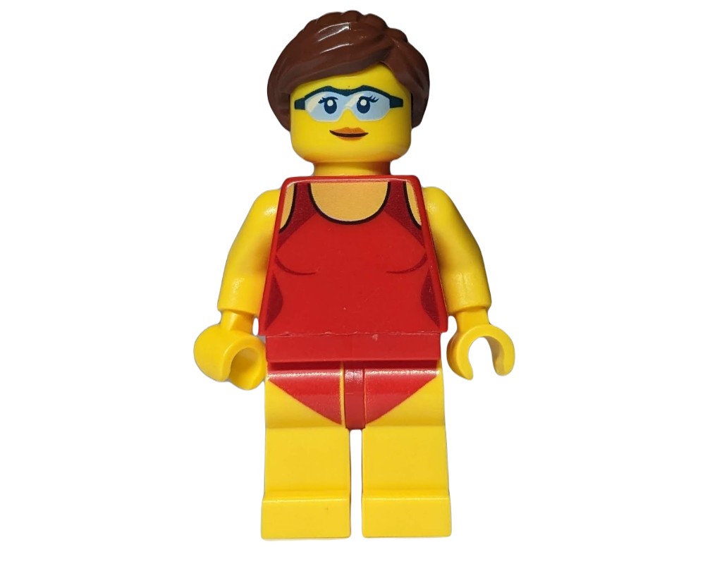 LEGO Set fig-009820 Woman, Red Swimsuit, Reddish Brown Hair, Safety ...