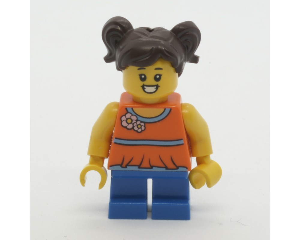 LEGO Set fig-010566 Girl, Orange Top, Short Blue Legs, Brown Hair ...