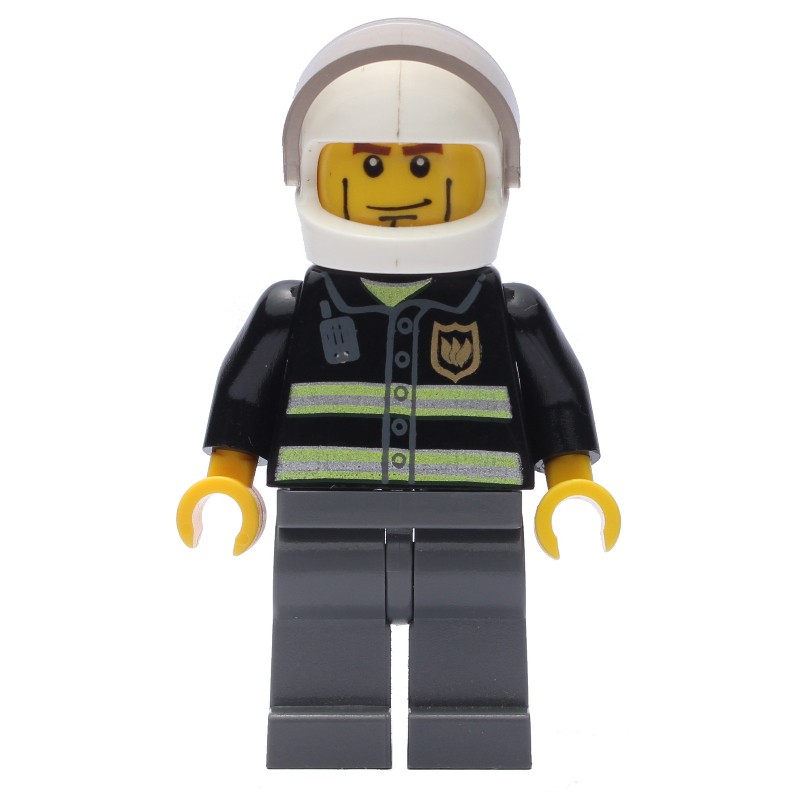 LEGO Set fig-010634 Fireman, Black Fire Jacket with Reflective Stripes ...