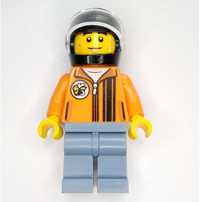 LEGO Set fig-011503 Race Driver - Orange Torso, Sand Blue Legs, Black ...
