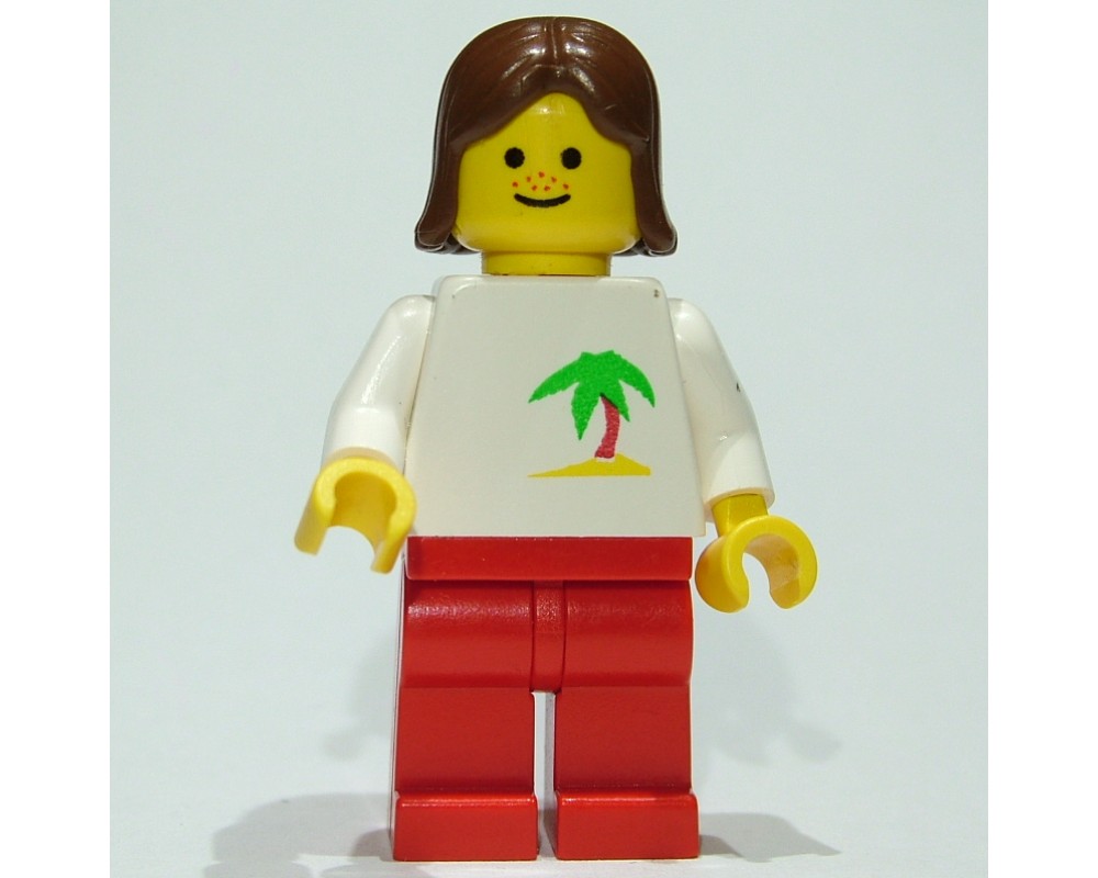 LEGO Set fig-011557 Woman, White Torso with Palm Tree, Red Legs, Brown ...