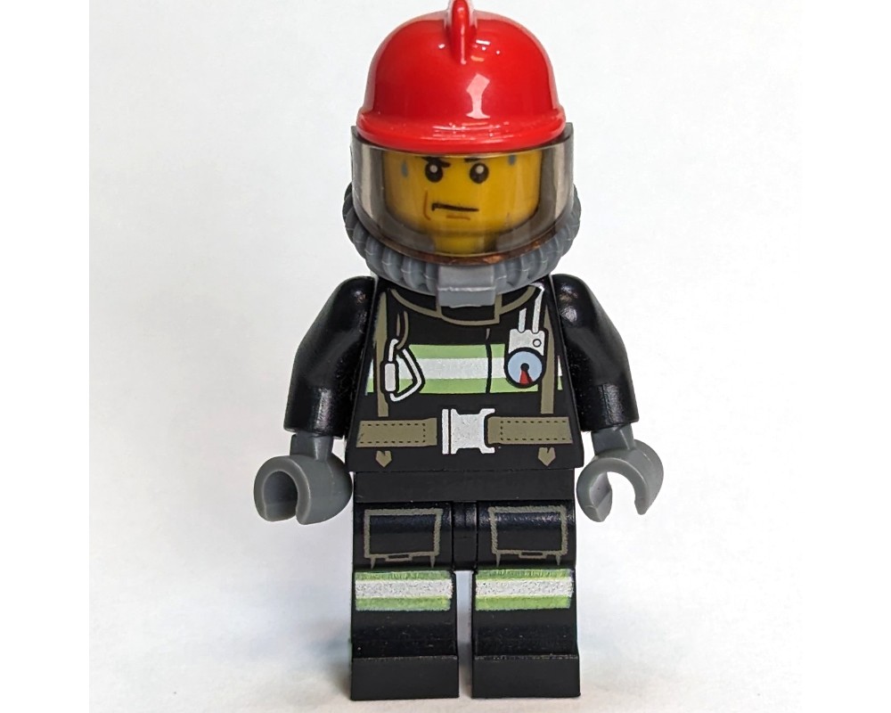 LEGO Set fig-011560 Fireman, Black Firesuit, Red Helmet, Blue Airtanks ...