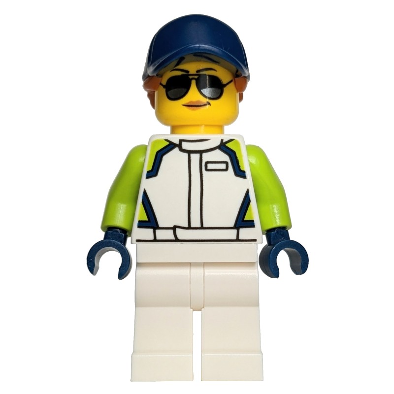 LEGO Set fig-012016 Racer, White Race Suit, Dark Blue Cap, Sunglasses ...