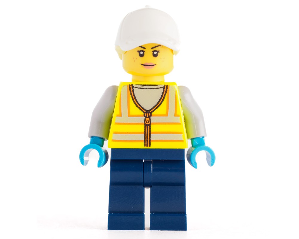 LEGO Set fig-012798 Woman, Vibrant Yellow Safety Vest, White Cap ...