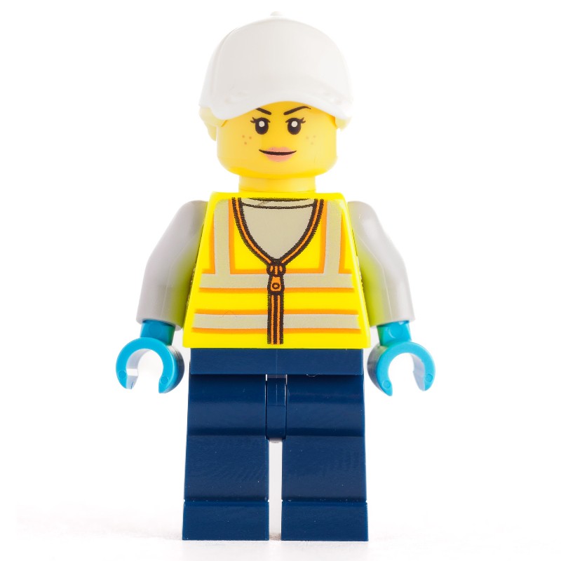 LEGO Set fig-012798 Woman, Vibrant Yellow Safety Vest, White Cap (2022 ...