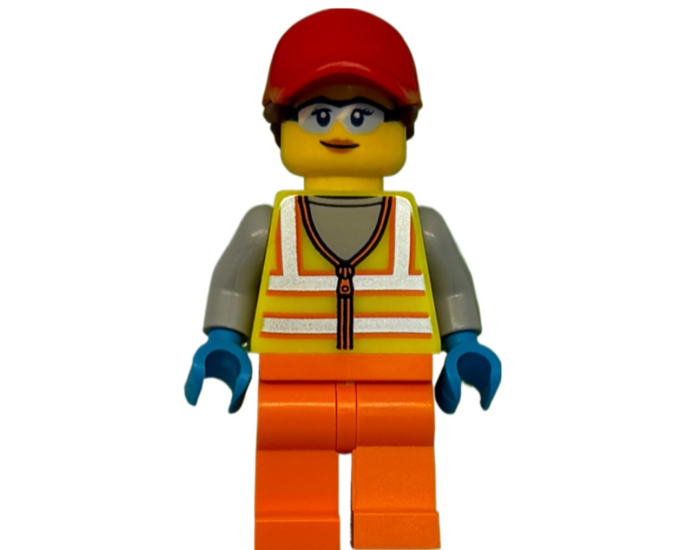 LEGO Set fig-012806 Woman, Vibrant Yellow Safety Vest, Orange Legs, Red ...