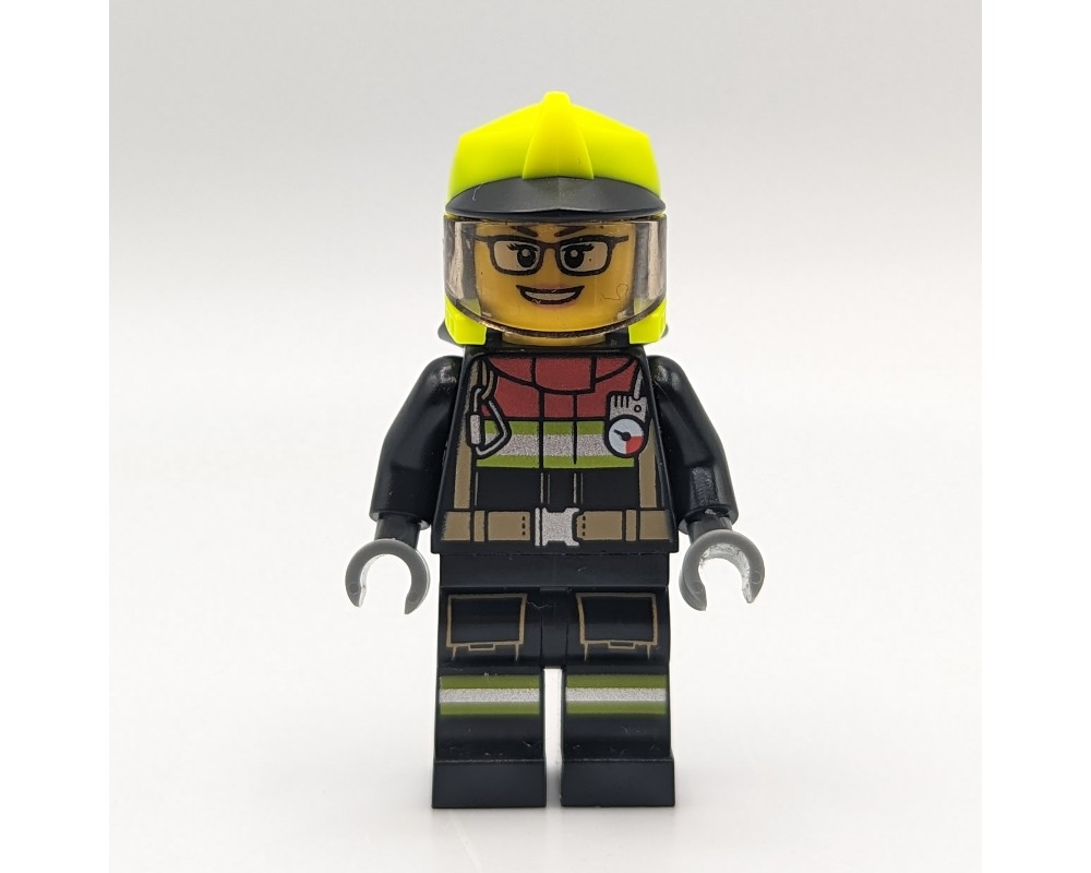 LEGO Set fig-013315 Firefighter, Black Suit, Vibrant Green Helmet with ...