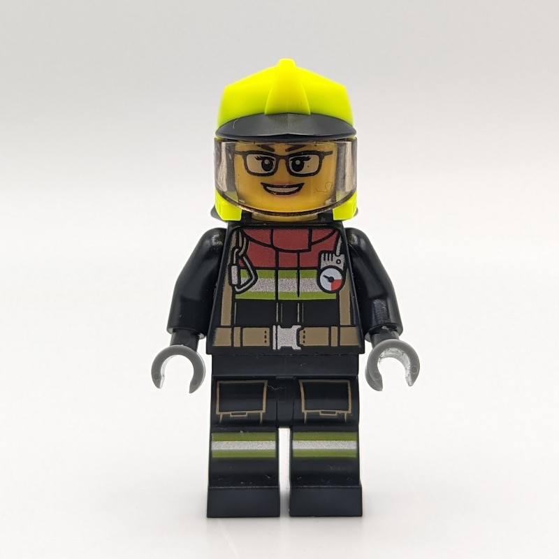 LEGO Set fig-013315 Firefighter, Black Suit, Vibrant Green Helmet with ...