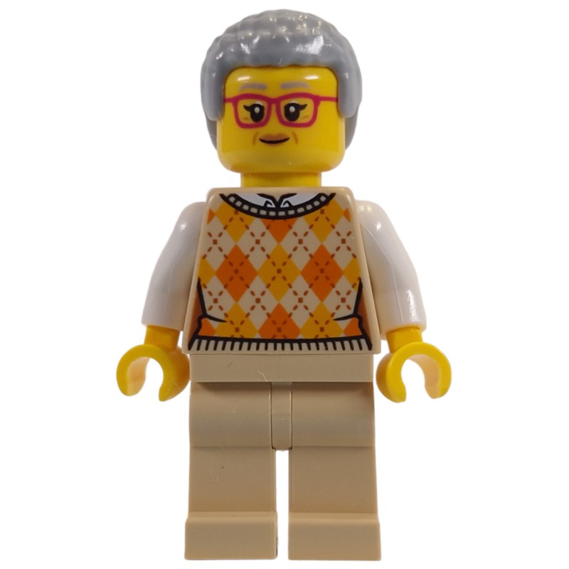 LEGO Set fig-014459 Tan Torso, Tan Legs, Light Bluish Grey Hair, Red ...