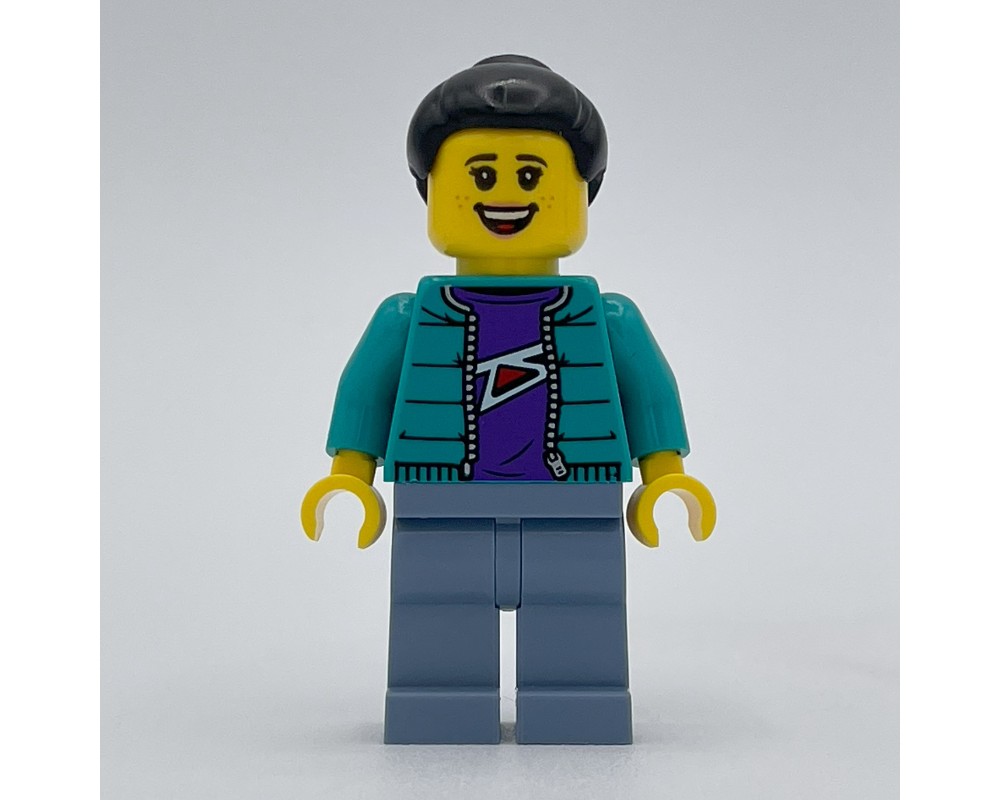 LEGO Set fig-014605 Woman, Dark Turquoise Jacket, Sand Blue Legs, Black ...