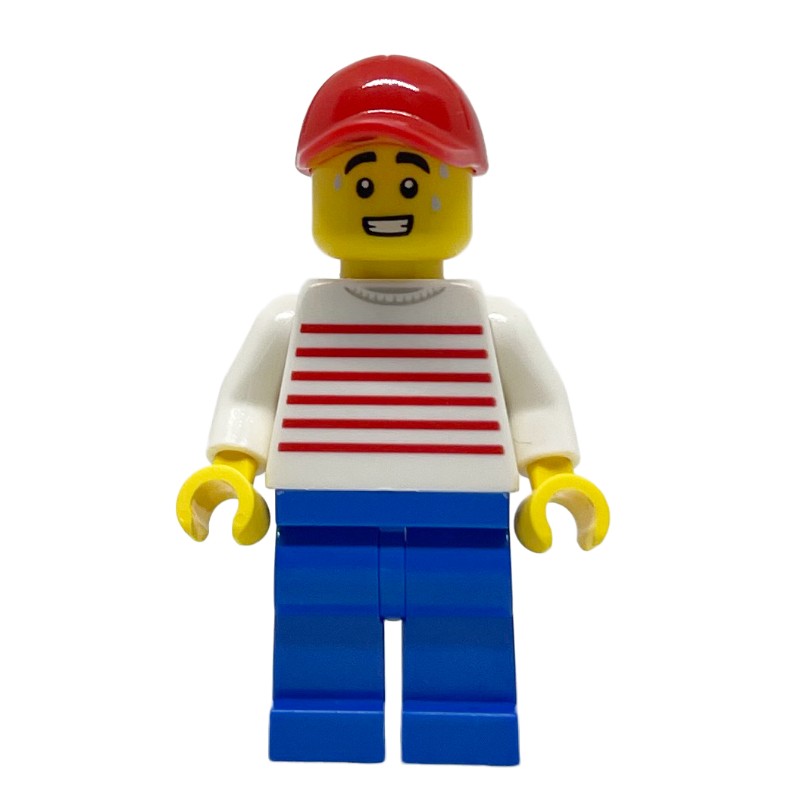 LEGO Set fig-014679 White Striped Torso, Blue Legs, Red Cap ...