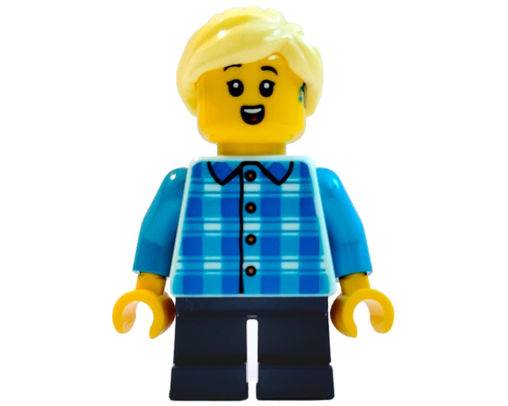 LEGO Set fig-015731 Girl, White and Blue Plaid Shirt, Short Dark Blue ...