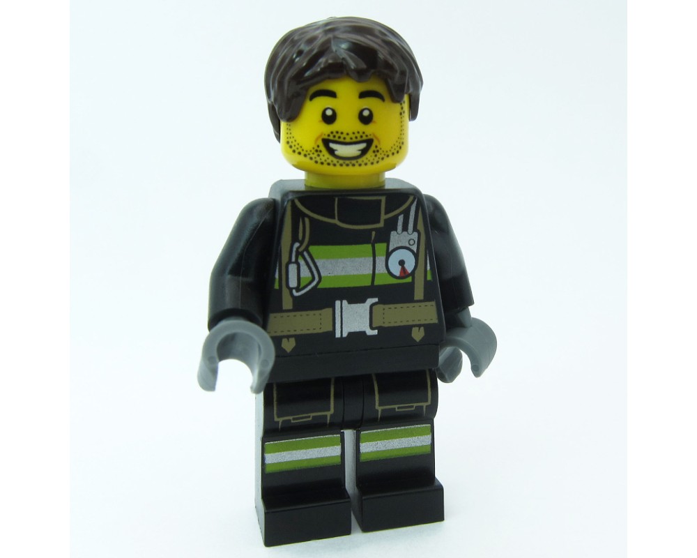 LEGO Set fig-015999 Firefighter, Black Fire Suit, Dark Brown Hair ...